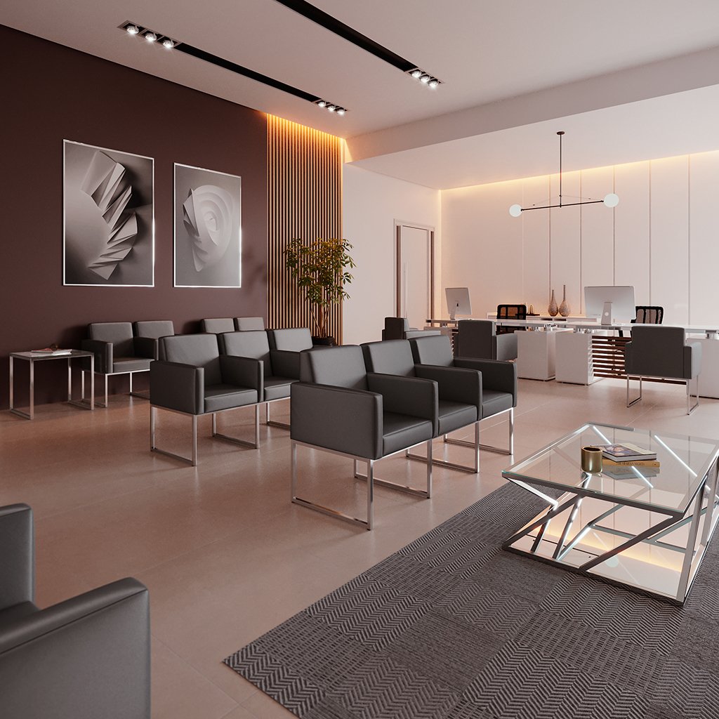 Longarina Space Tripla Aço Inox Polido Com Braço Estofado